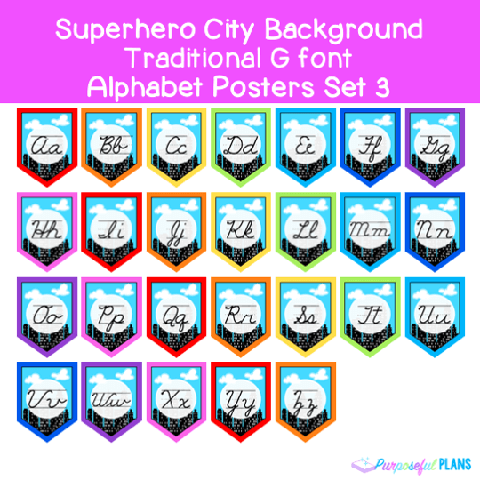 Superhero City Cursive Alphabet Poster Cards - Classroom Decor Wall Set ...
